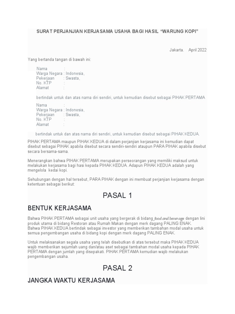 Surat Perjanjian Kerjasama Usaha Bagi Hasil | PDF