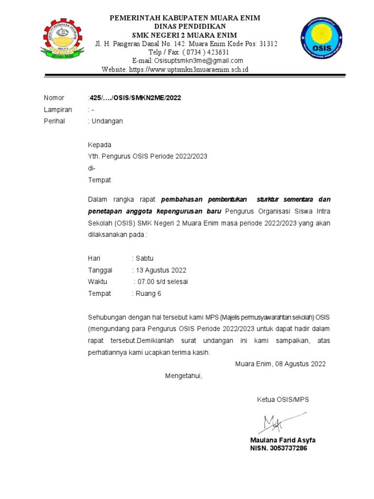 Undangan Rapat OSIS SMK Negeri 2 | PDF