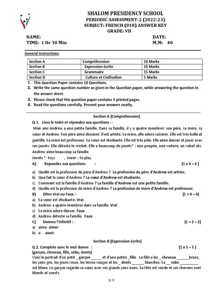 French Grade 7 PA II 2022-2023 Answer Key | PDF | Linguistique