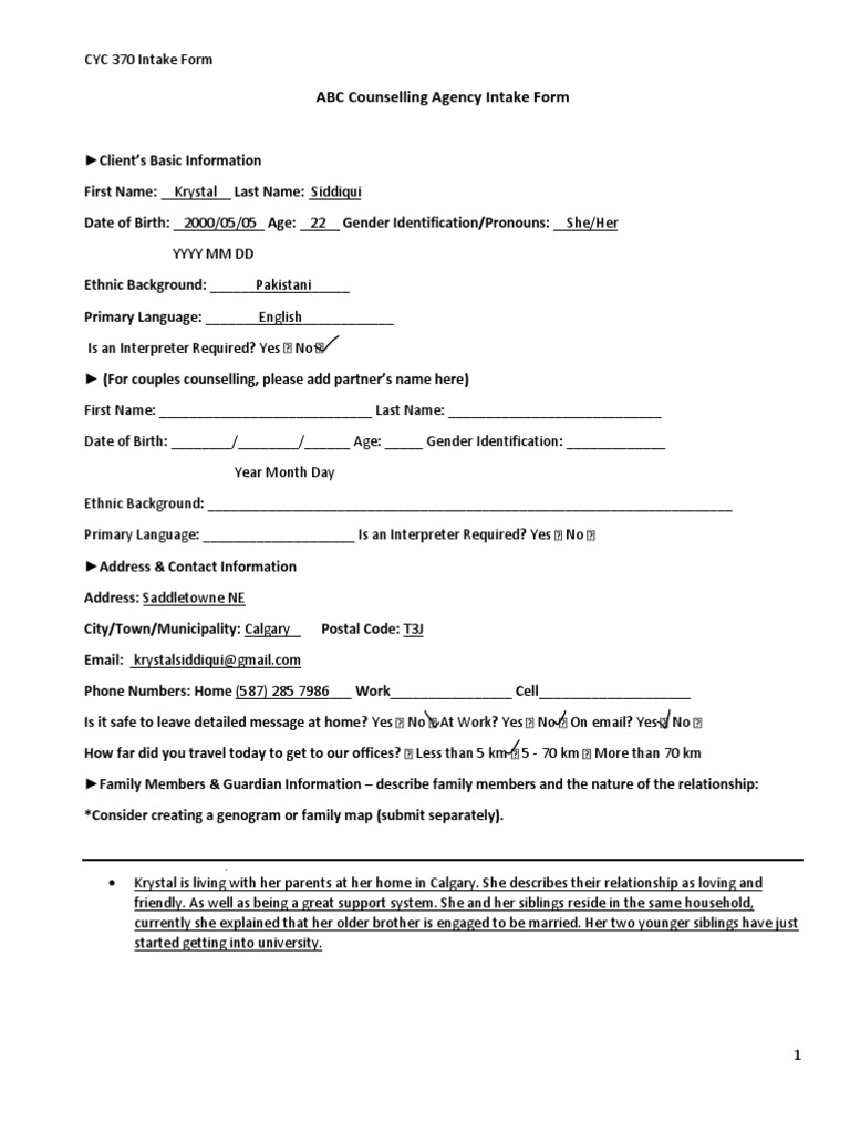 Cyc 370 - Intake Form | PDF | Child Abuse | Violence