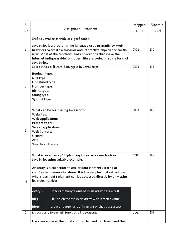 Assignment 1 JS | PDF | Java Script | Array Data Structure