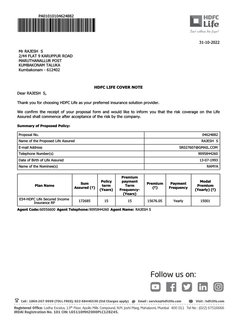 Covernote SA895634 1667212040025 | PDF | Insurance | Financial Services