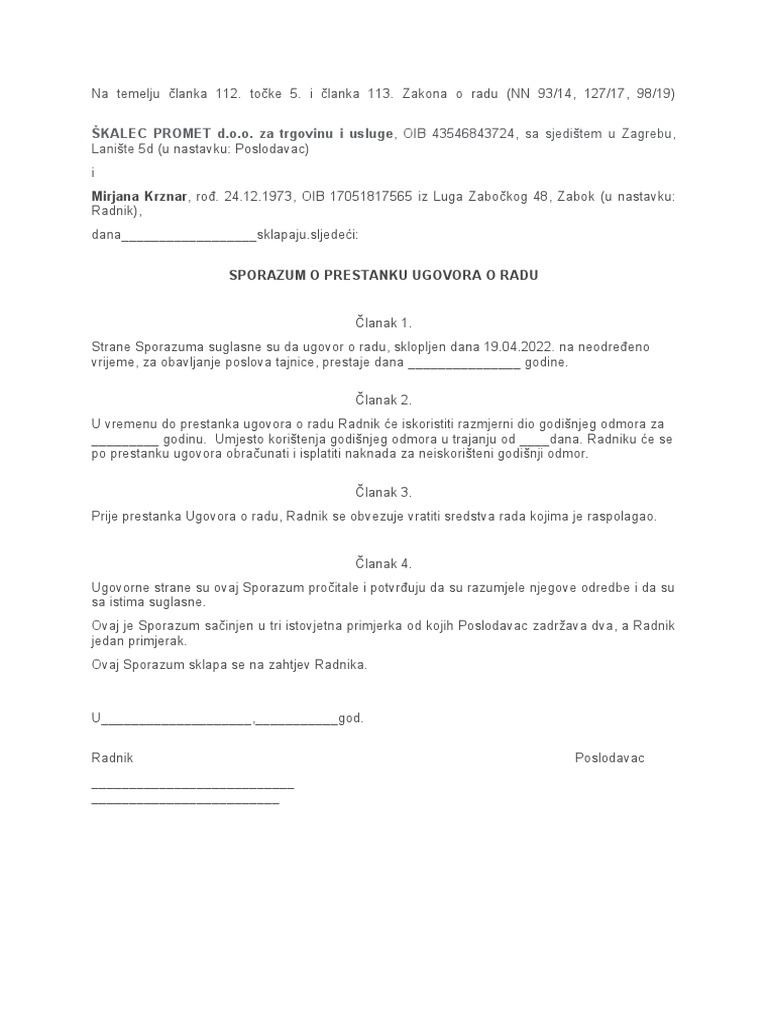 Sporazumni Raskid Ugovora | PDF