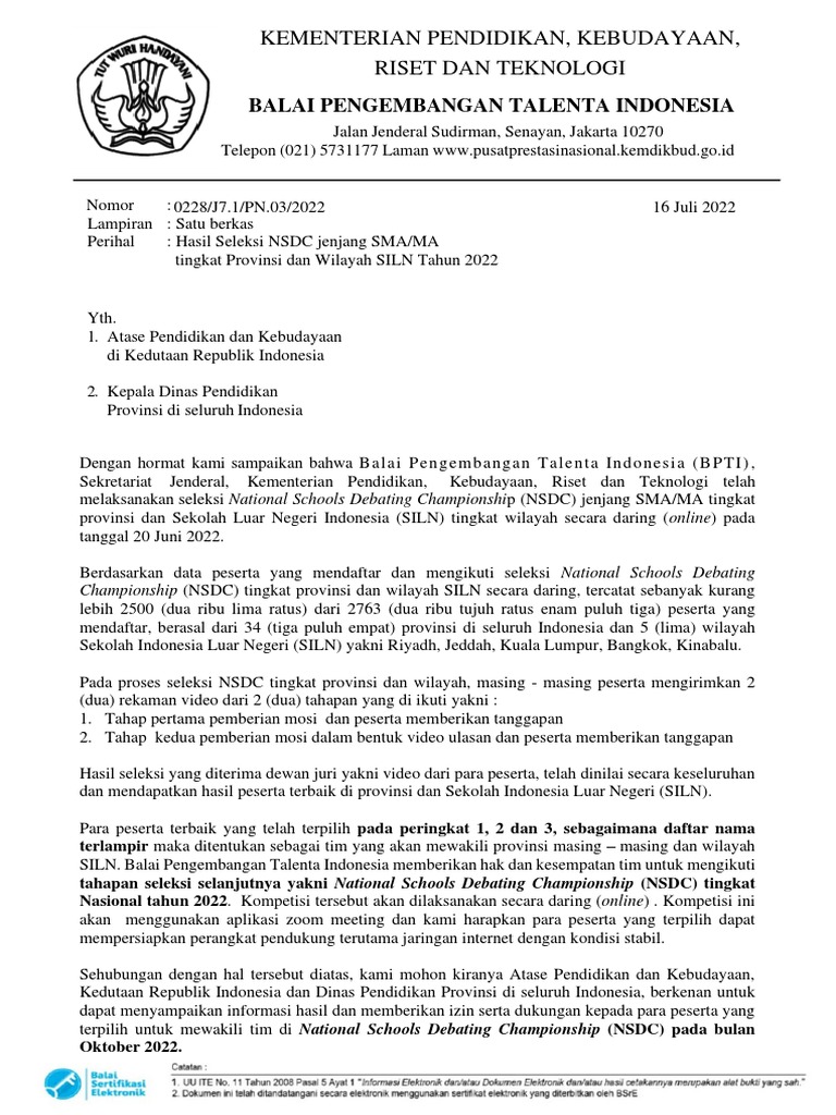 Pemberitahuan Hasil Seleksi NSDC Tk. Propinsi 2022 | PDF