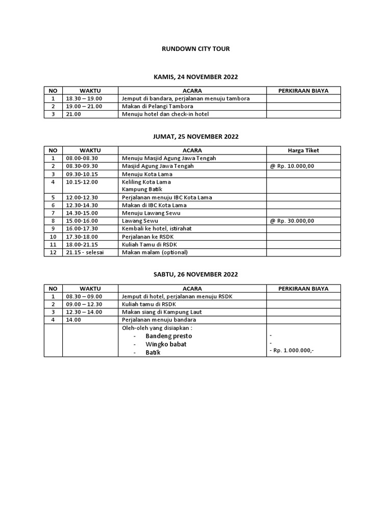 Usulan Rundown City Tour B | PDF