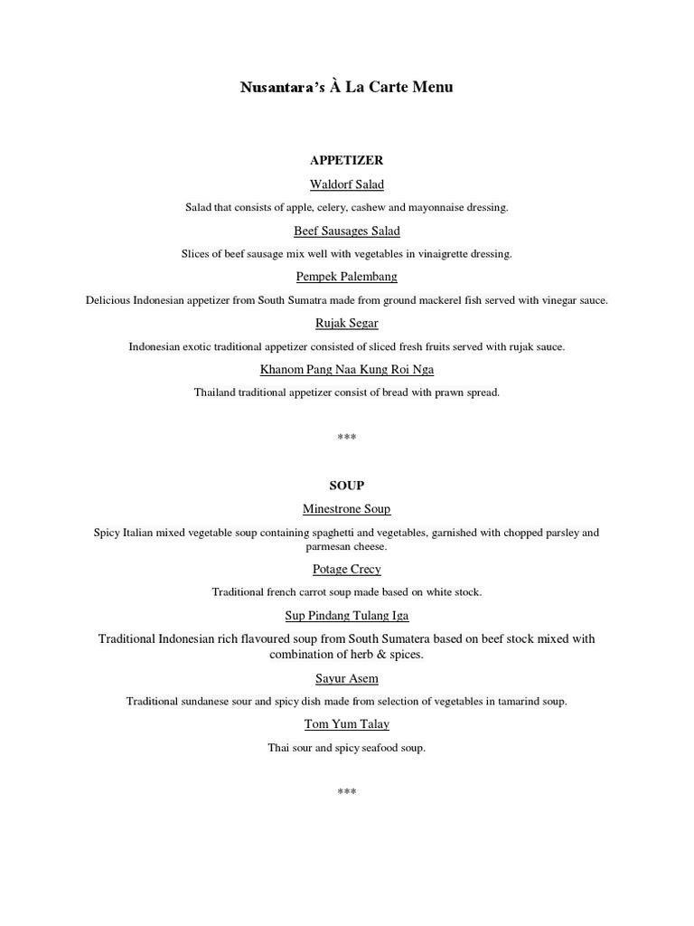 A'la Carte Menu Nusantara Restaurant Dinner | PDF | Indonesian Cuisine ...