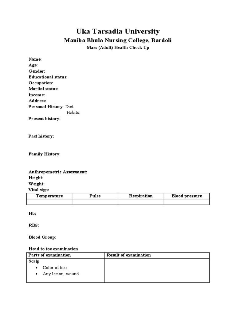 Adult Health Check-Up Form | PDF | Wellness