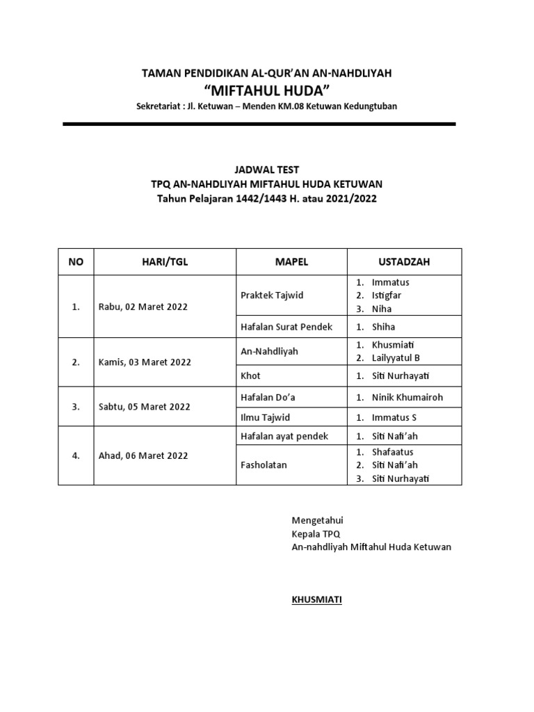 Jadwal Tes TPQ | PDF