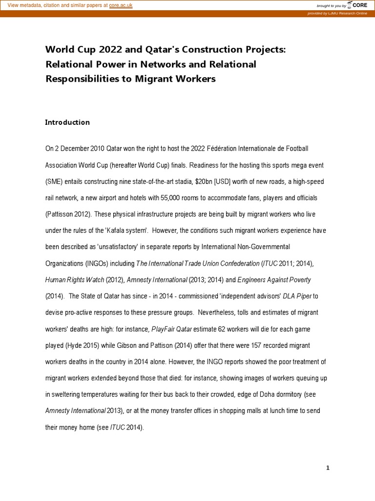 World Cup 2022 and Qatar's Construction Projects: Relational Power in Networks and Relational ...