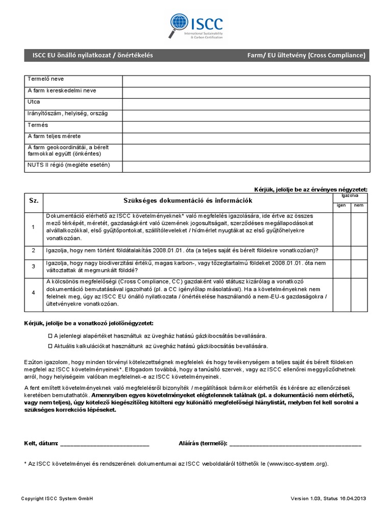 HU ISCC EU Self Declaration Self Assessment Farm EU V103 | PDF