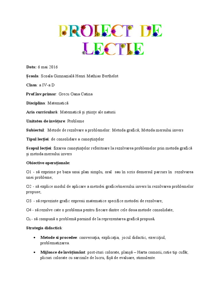 Proiect de Lectie Matematica Probleme | PDF