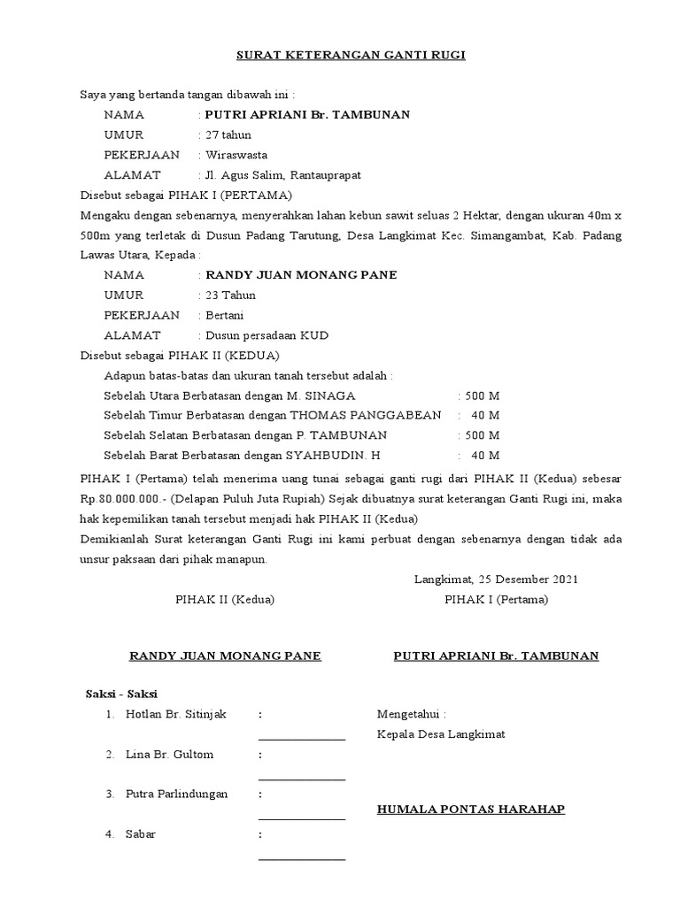 Surat Ketrangan Ganti Rugi | PDF