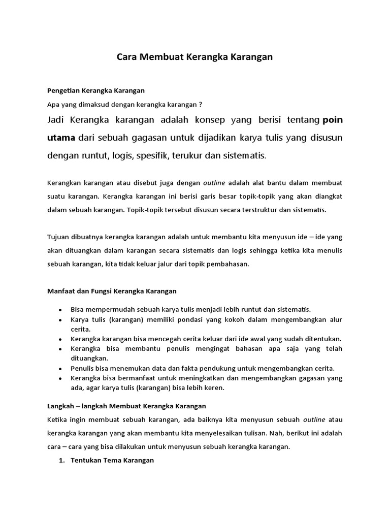 Cara Membuat Kerangka Karangan Dan Contoh | PDF