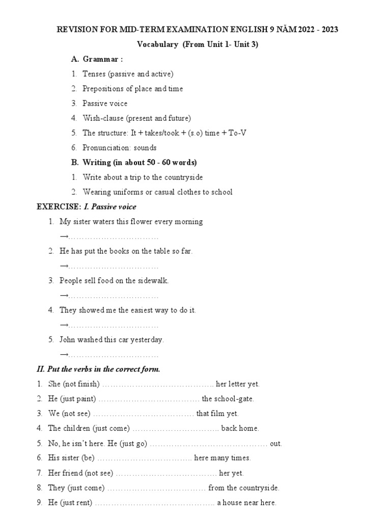 De Cuong On Tap Giua Ki 1 Tieng Anh Lop 9 | PDF