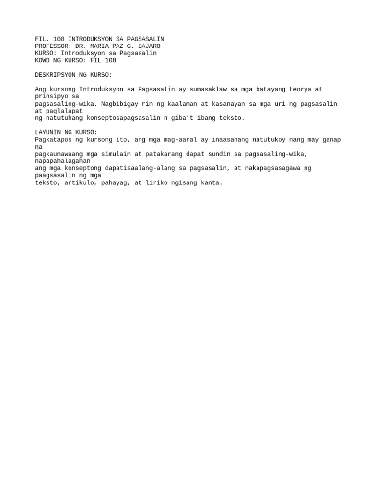 Fil 108 Introduksyon Sa Pagsasalin | PDF