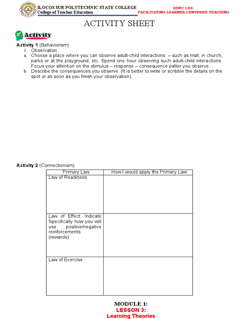Activity Sheet Module 1 - Lesson 3 | PDF | Teaching Method | Learning ...