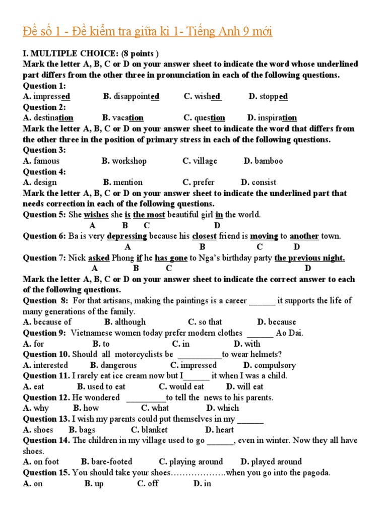Đề số 1 giữa kì TA 9 | PDF | Jeans | Bullying