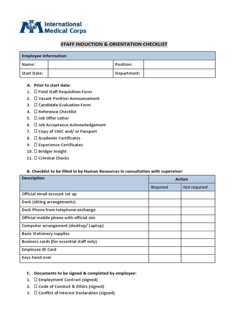 1.1 Staff Orientation & Induction Checklist | PDF | Employment | Supervisor