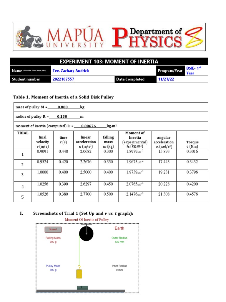 Experiment 103 Moment of Inertia UOX Tee | PDF | Torque | Acceleration