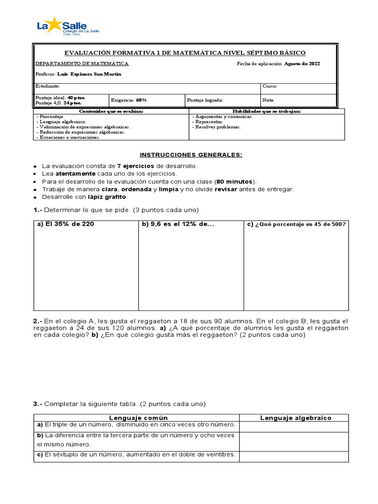 Evaluación Matemática Séptimo Básico | PDF | Matemáticas