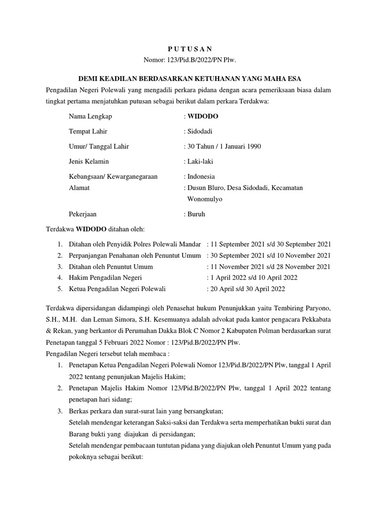 Contoh Putusan Hakim Tingkat Pertama | PDF Contoh Putusan Hakim Tingkat Pertama | PDF