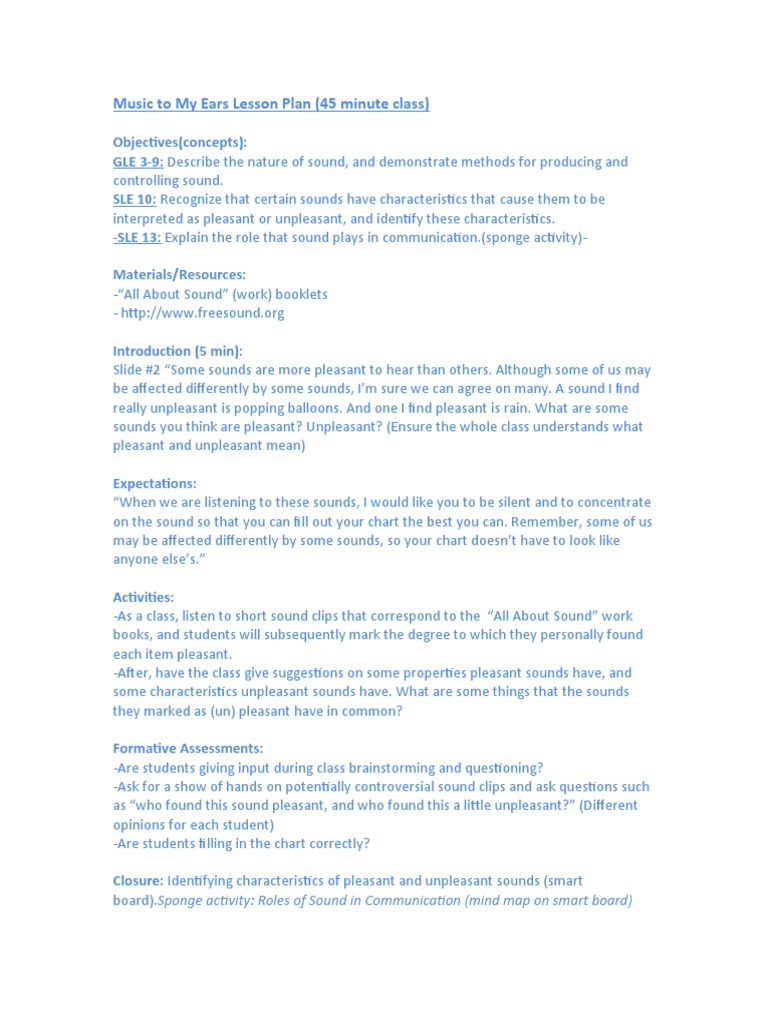 Exploring Pleasant and Unpleasant Sounds | PDF | Lesson Plan | Cognition