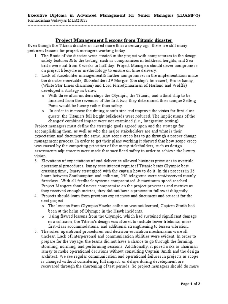 Managing Projects & Programs - PM Lessons - From - TitanicDisaster | PDF | Technology & Engineering