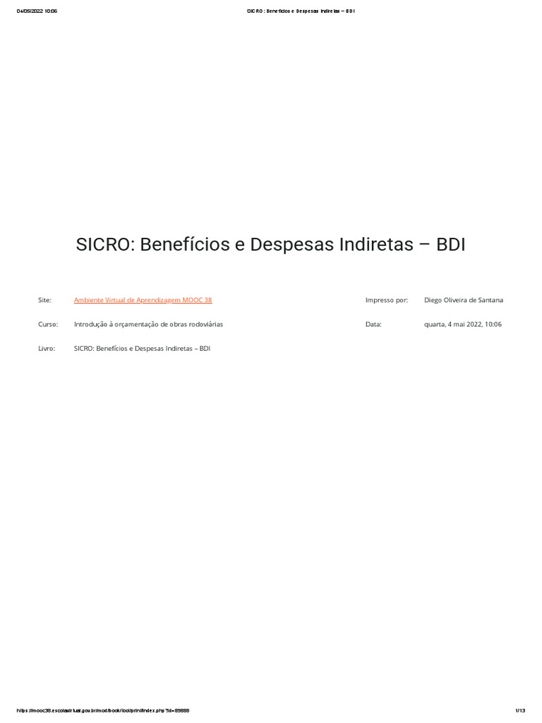 SICRO - Benefícios e Despesas Indiretas - BDI | PDF | Impostos | Business