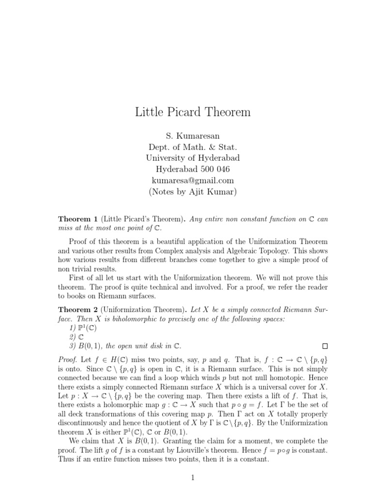 Little Picard Theorem | Download Free PDF | Topological Spaces | Functions And Mappings