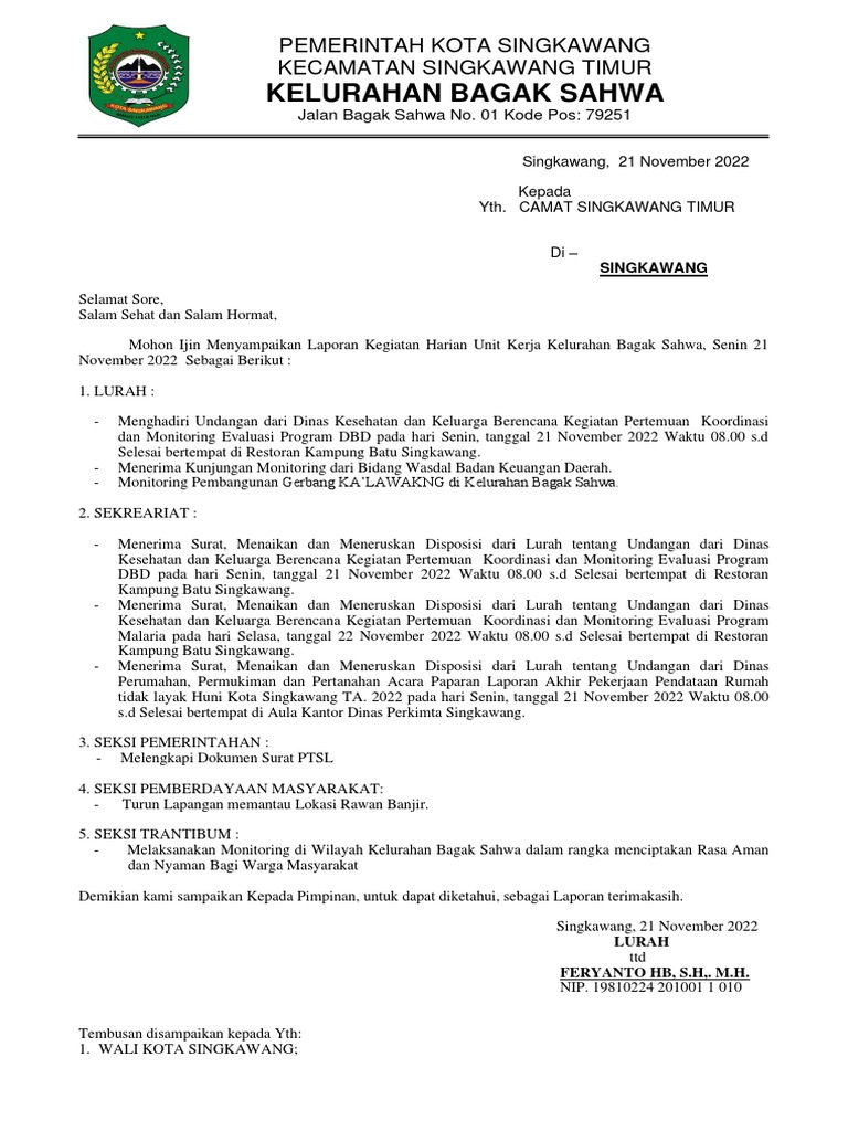 Laporan Harian Kelurahan Bagak. | PDF