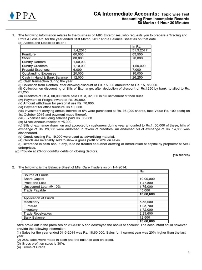 Topic Wise Test Accounting From Incomplete Records | PDF | Business | Law