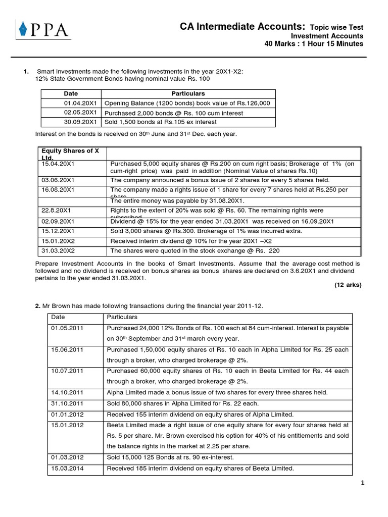 Investment Accounts Test for CA Inter | PDF | Stocks | Dividend
