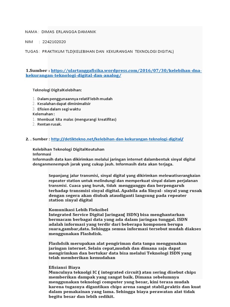 Tugas TLD Kelebihan Dan Kekurangan Digital (Dimas Erlangga - 2242102020 ...