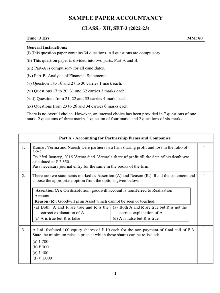 Class XII Accountancy Sample Paper 2022-23 | PDF | Balance Sheet ...