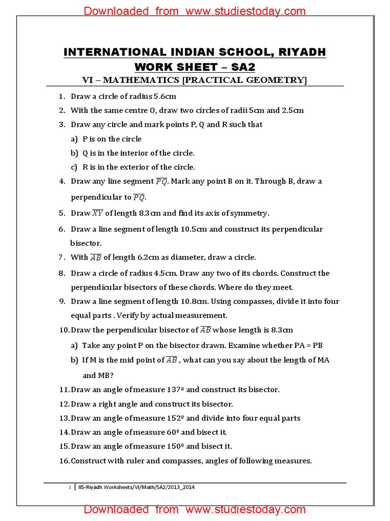 Class 6 Practical Geometry Worksheet | PDF | Circle | Elementary Geometry