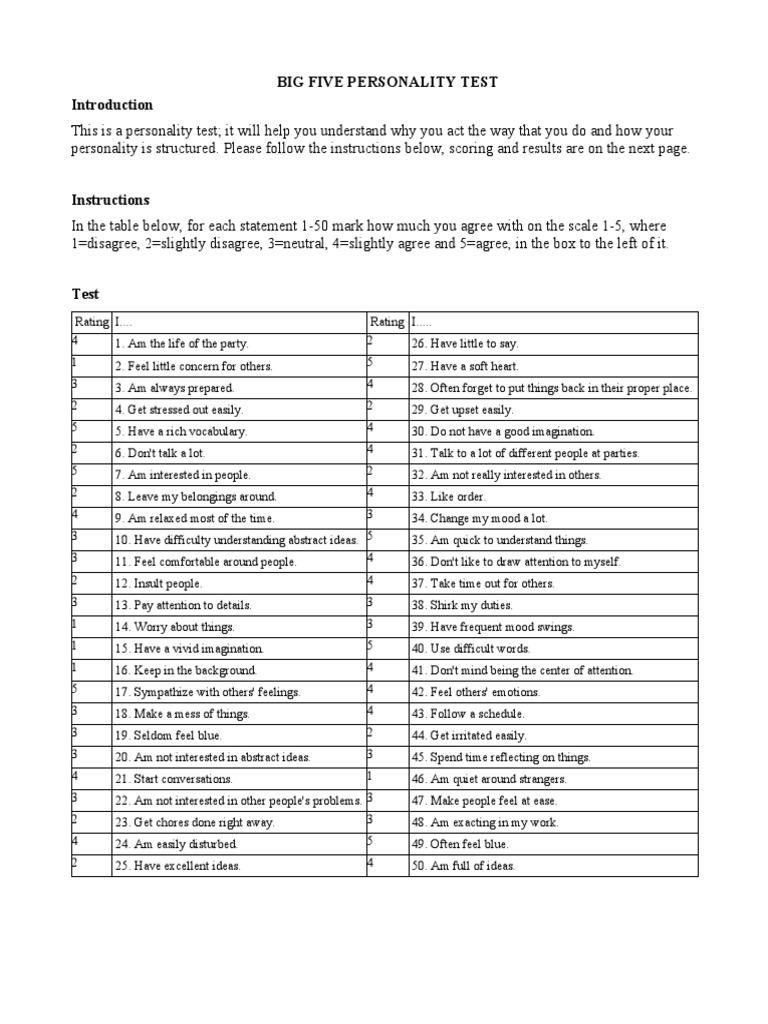Big Five Personality Test | PDF | Behavioural Sciences | Cognition