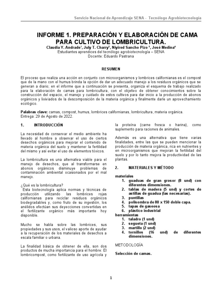 Lab 1 Informe Cama Lombricultura | PDF | Compost | Fertilizante