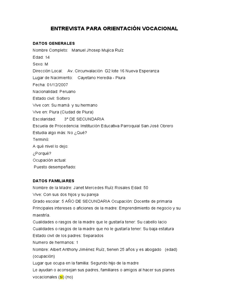 Formato de Entrevista para Orientación Vocacional | PDF | Crecimiento ...