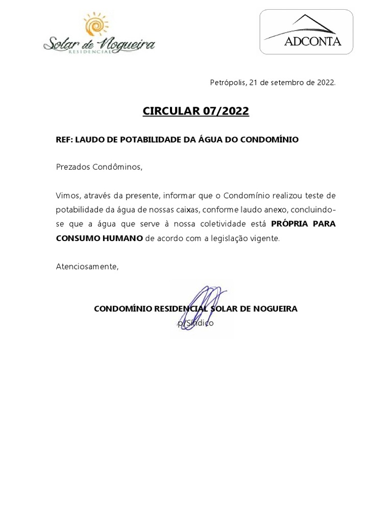 Circular 07-2022 - Laudo de Potabilidade Da Água COM LAUDO | PDF