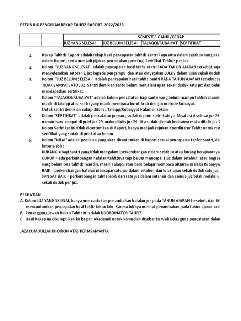 Nilai Tahfidz Raport Ganjil Paqusatta 2022 - 2023 Salinan | PDF