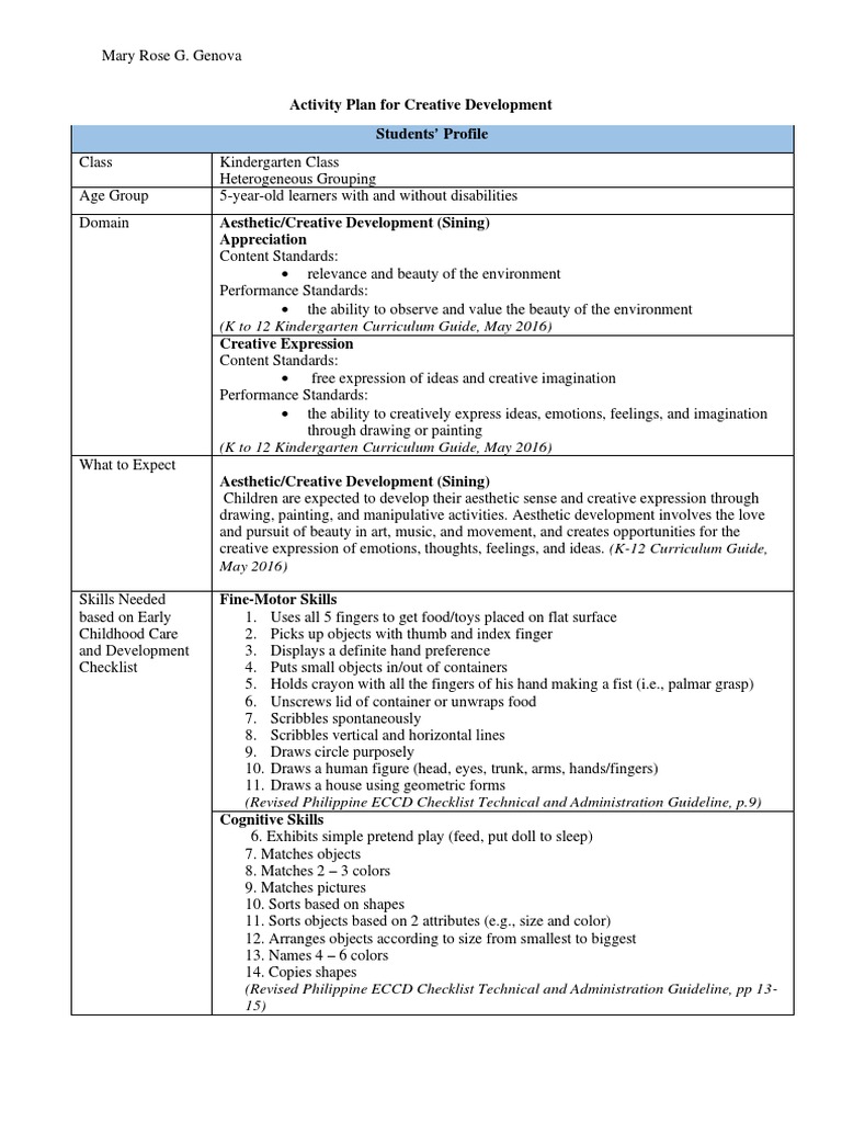 Activity Plan For Creative Development | PDF | Learning | Aesthetics