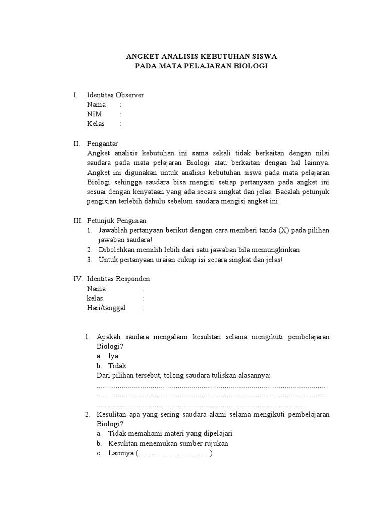 Angket Analisis Kebutuhan Siswa | PDF