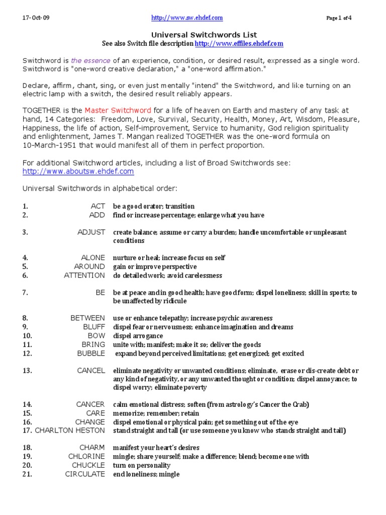 Universal Switchwords List | PDF | Cognition | Psychology