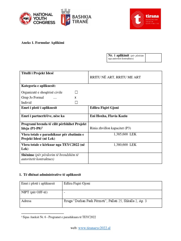 Aneks-1 Formular Aplikimi | PDF