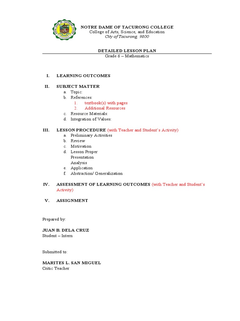 Detailed Lesson Plan Format | PDF