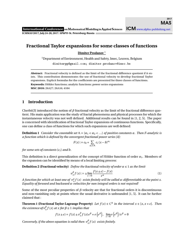 Fractional Taylor Expansions For Some Classes of Functions | PDF | Power Series | Function ...