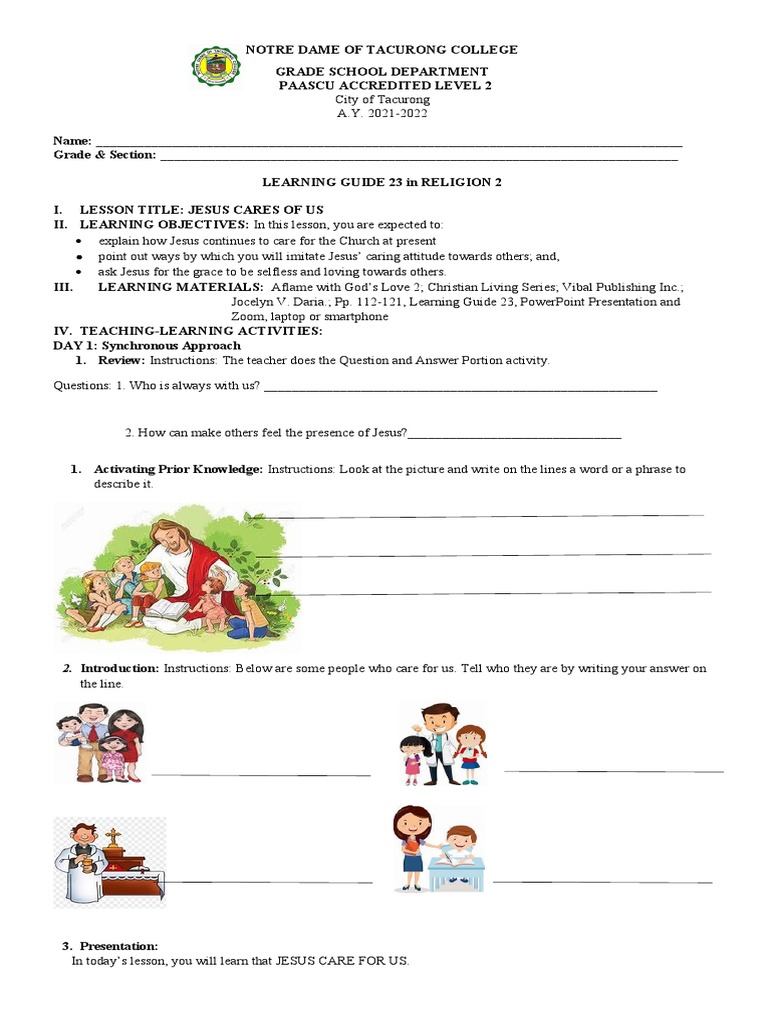 Jesus Cares for Us - Grade 2 Religion Lesson Guide | PDF | Jesus ...