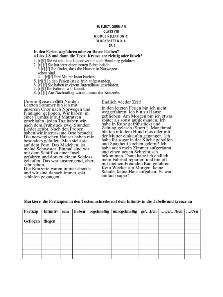 CBSE Class 8 German Worksheet | PDF