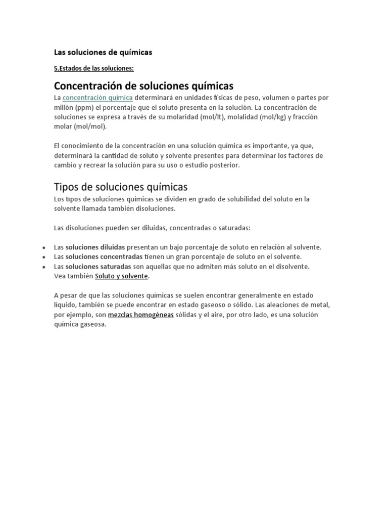 Concentración de soluciones químicas y formas de expresarla | PDF | Concentración | Química