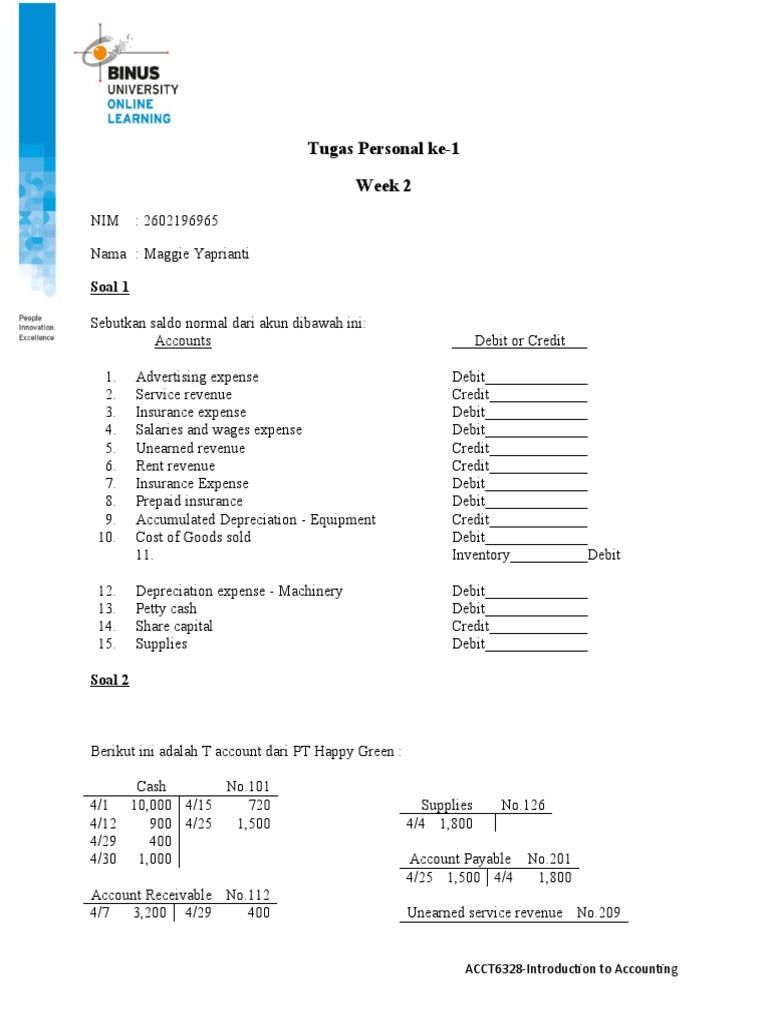 Tugas Personal Ke-1 Week 2: Soal 1 | PDF | Debits And Credits | Business Economics